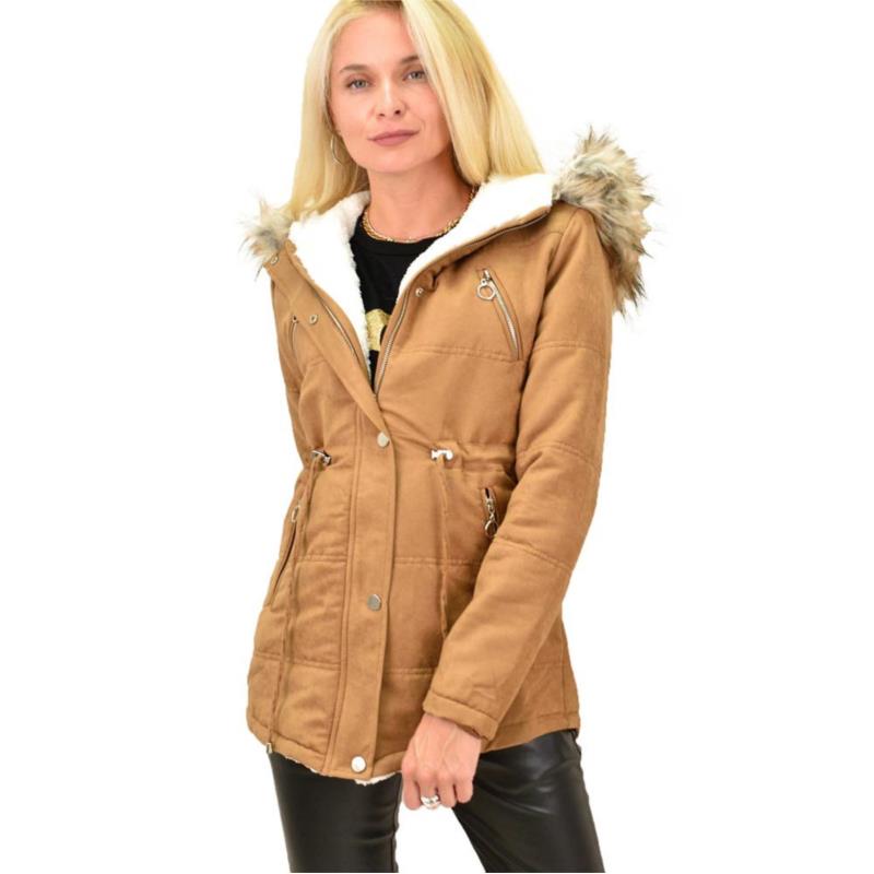 Γυναικείο μπουφάν τύπου καστόρ Κάμελ 12979 | Emporama
